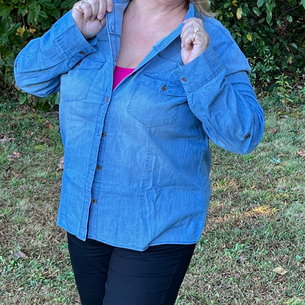Plus Size Denim Chambray Button Down Top in 2 Color Options – JBeSassy.com